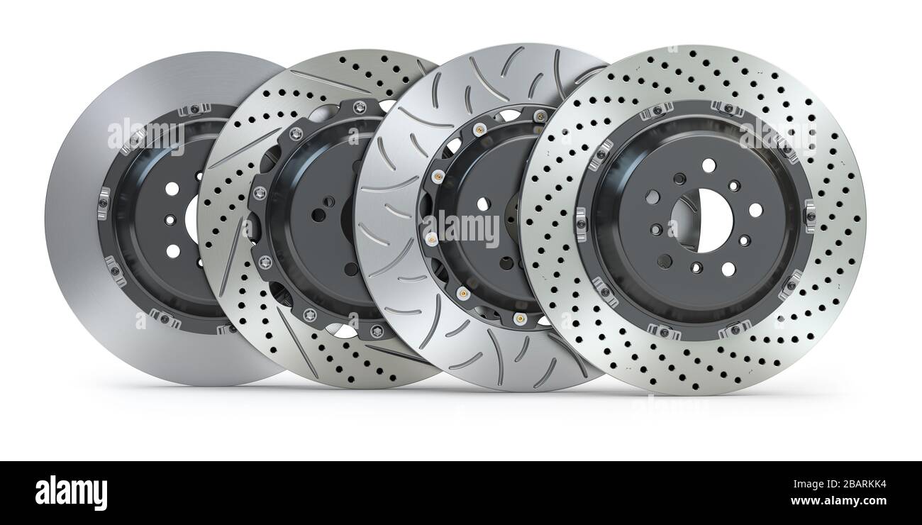 Different types of brake disks. Drilled and slotted brake disks in a ...