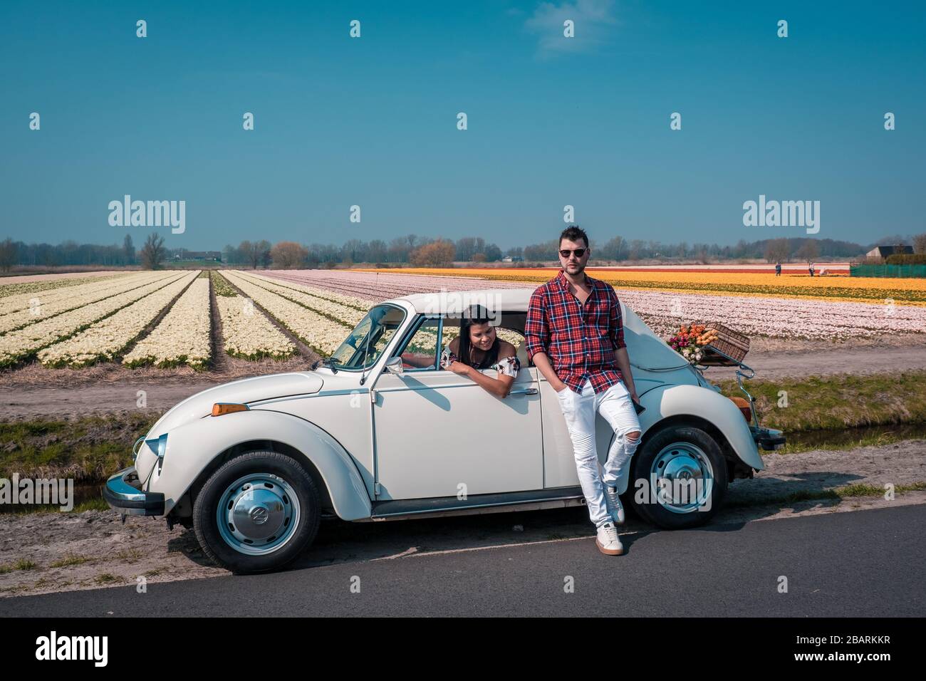 Lisse Netherlands April 2019, A classic, white Volkswagen Beetle car on ...