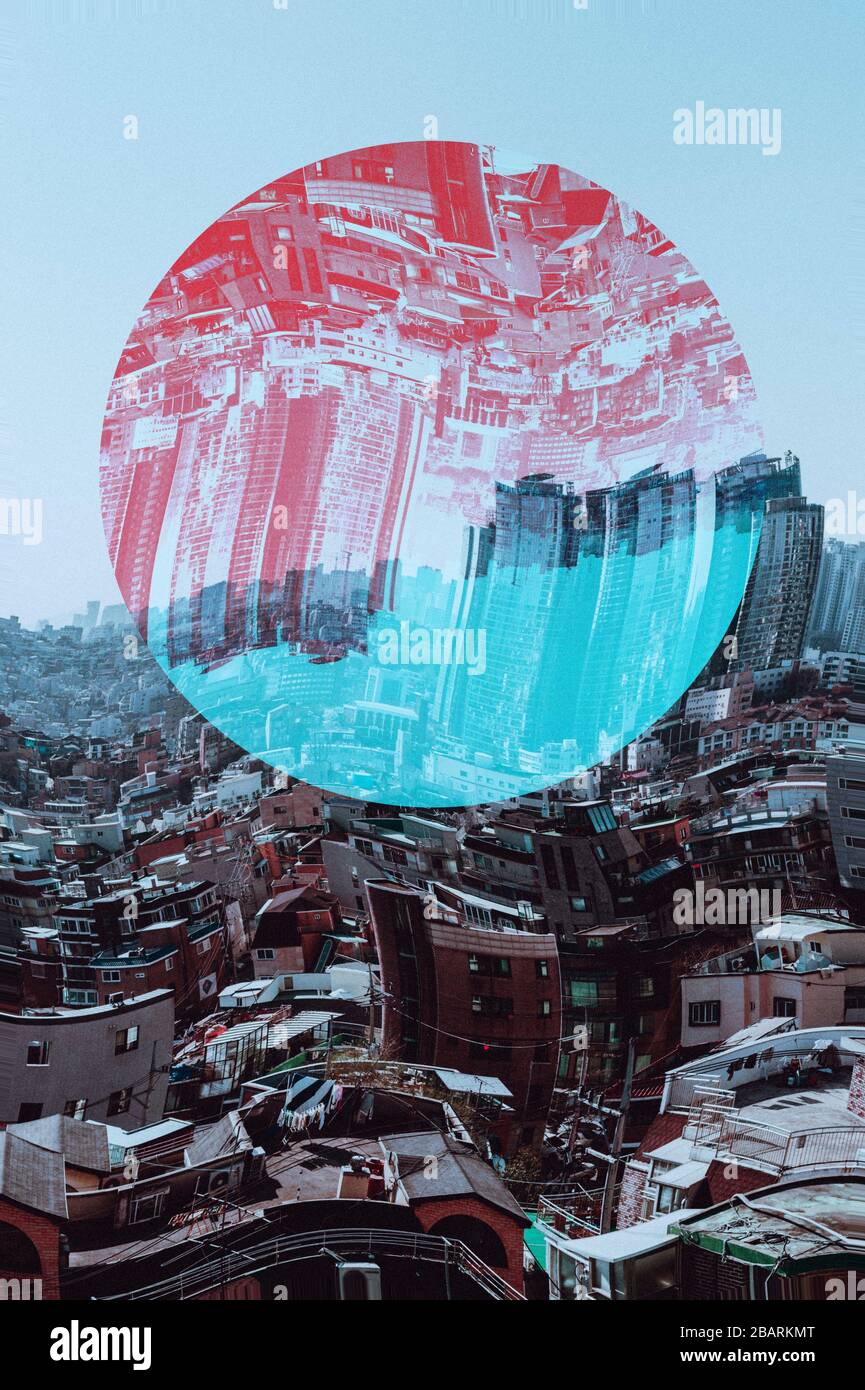 Digitally distorted city in South Korea using blue and red colors Stock ...