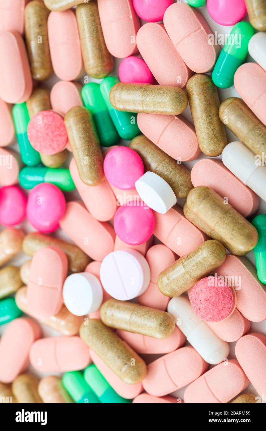 Health pharmacy concept. Medicine pills, capsules and tablets colorful ...