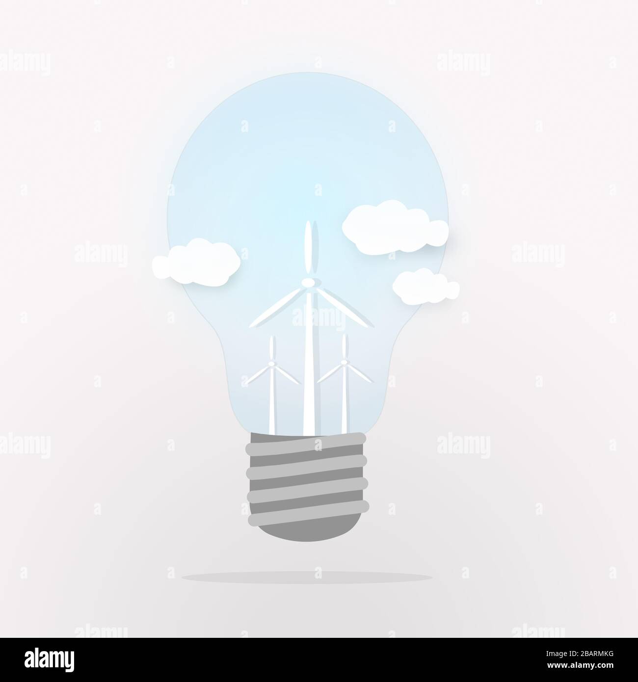Alternative energy sources. Light bulb with wind turbines and clouds on ...