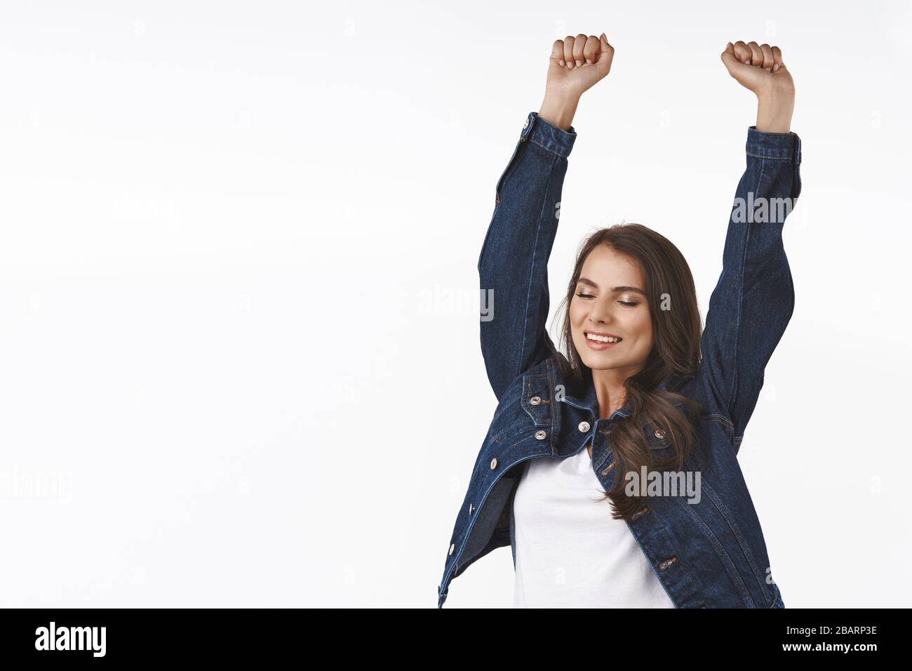 Yes, I did it. Satisfied and relieved, happy pretty caucasian woman ...