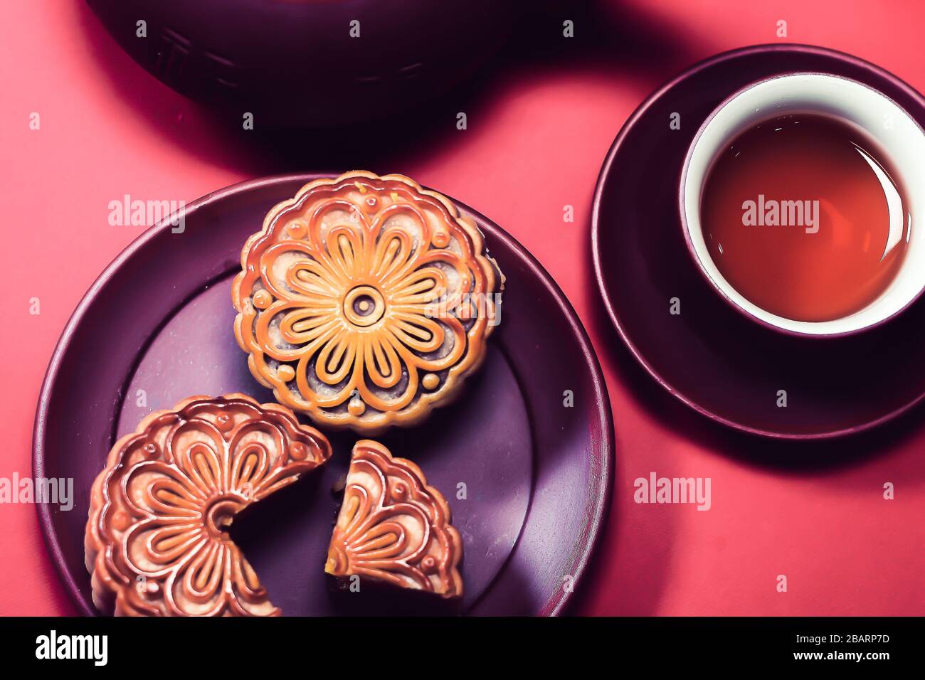 Moon cake on the red background,Asian traditional festival, Mid-Autumn ...
