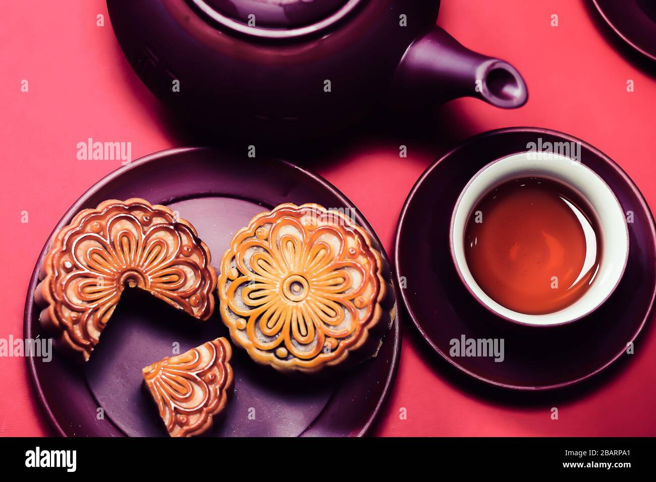 Moon cake on the red background,Asian traditional festival, Mid-Autumn ...