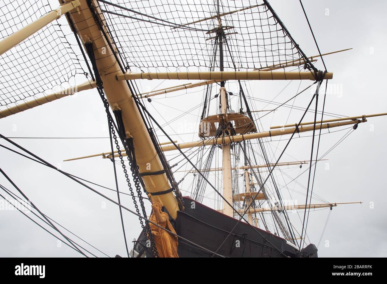 Masts and ropes of the museum ship "Fregatten Jylland" in Ebeltoft ...