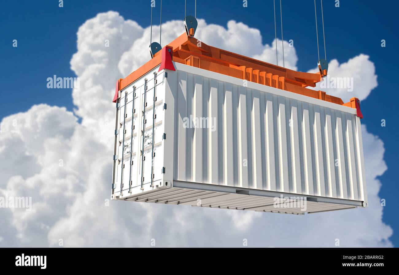 Blank white freight container hanging on a crane. 3D Rendering Stock ...