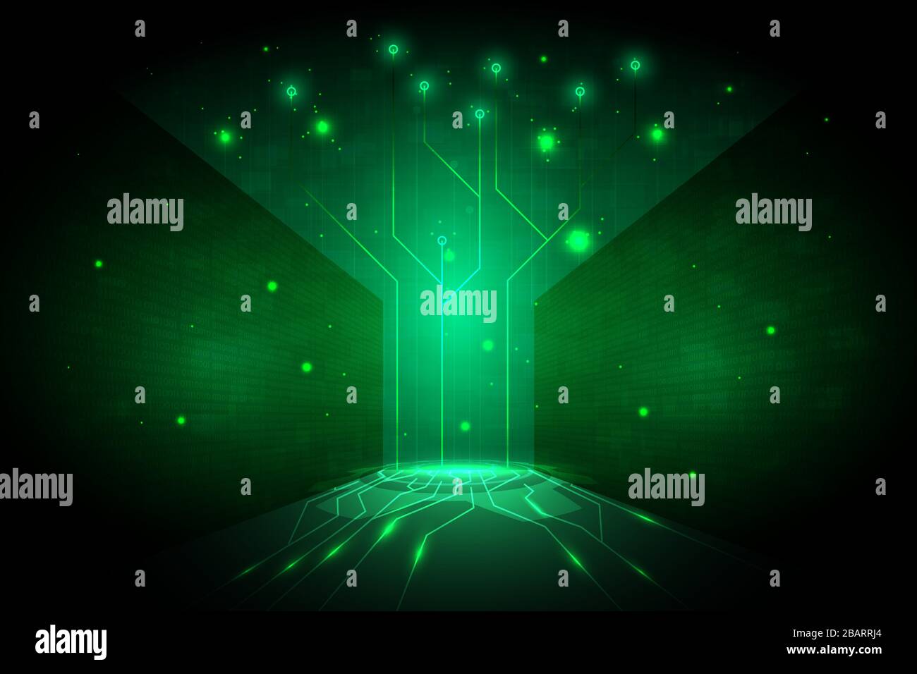 Abstract Technology Background With Binary Code Wall Glowing Green Circuit Pattern And Sparkle