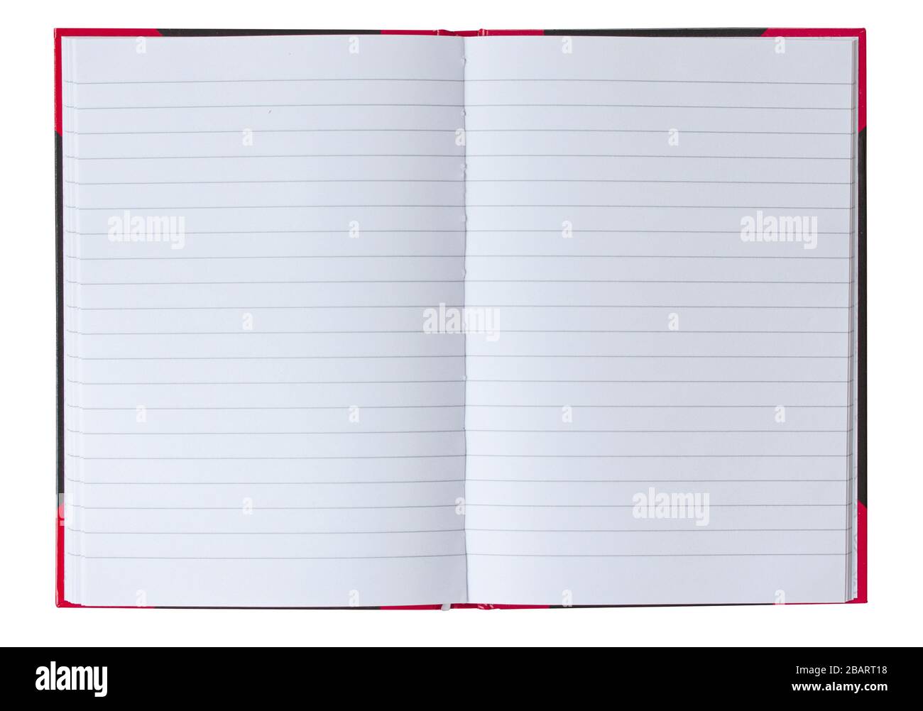 Blank open hardcover notebook with lines for writing. Close up image ...