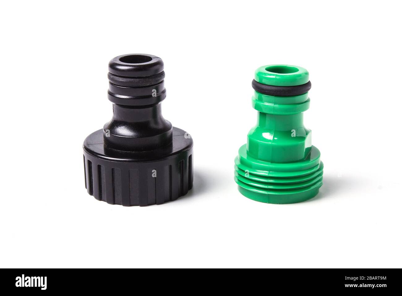 Plastic adapters for irrigation hose isolated on white background Stock ...