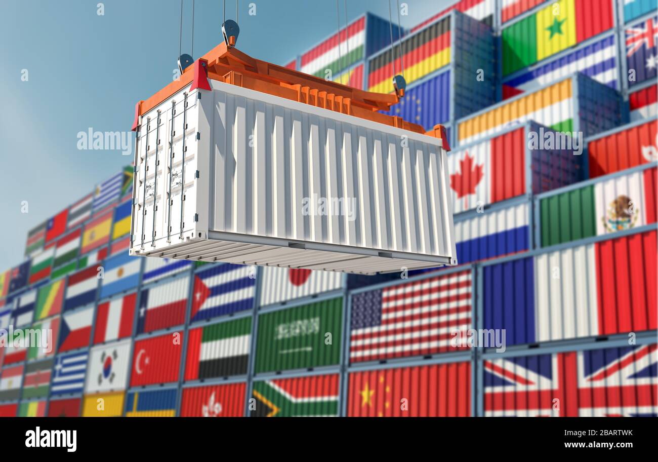 Blank white freight container hanging on a crane. 3D Rendering Stock ...