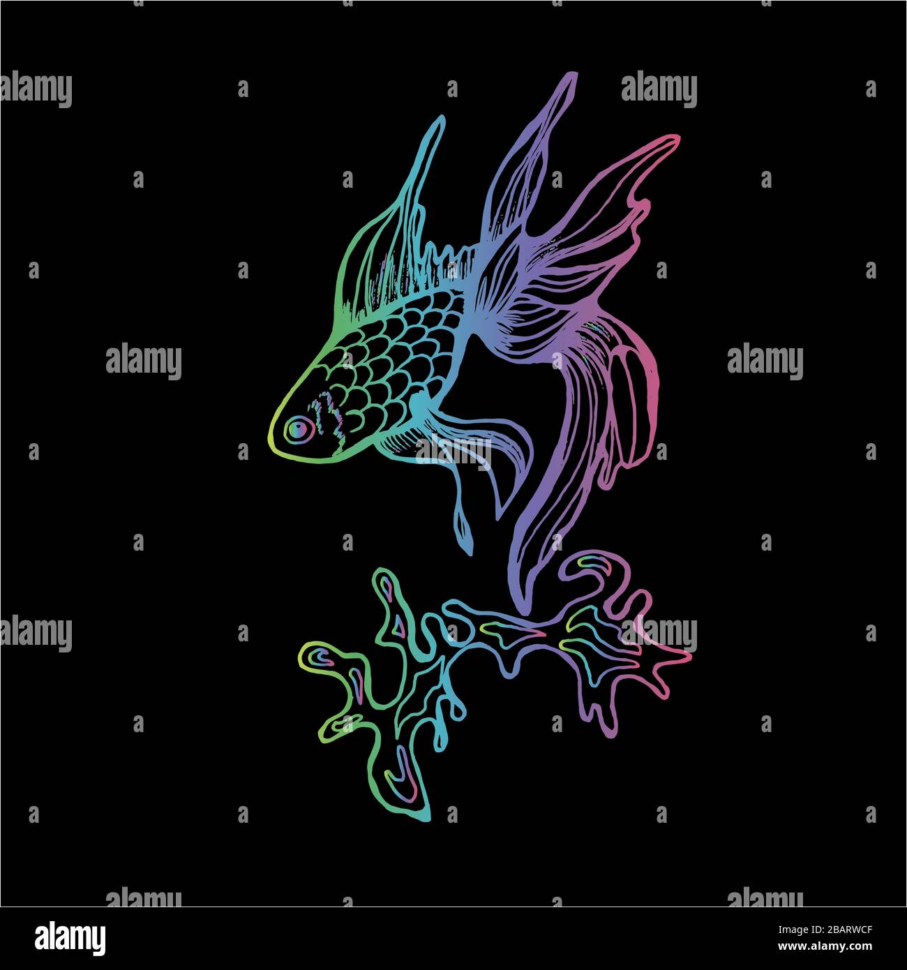 Color illustration in the form of a cockerel and sea wave fish Stock ...