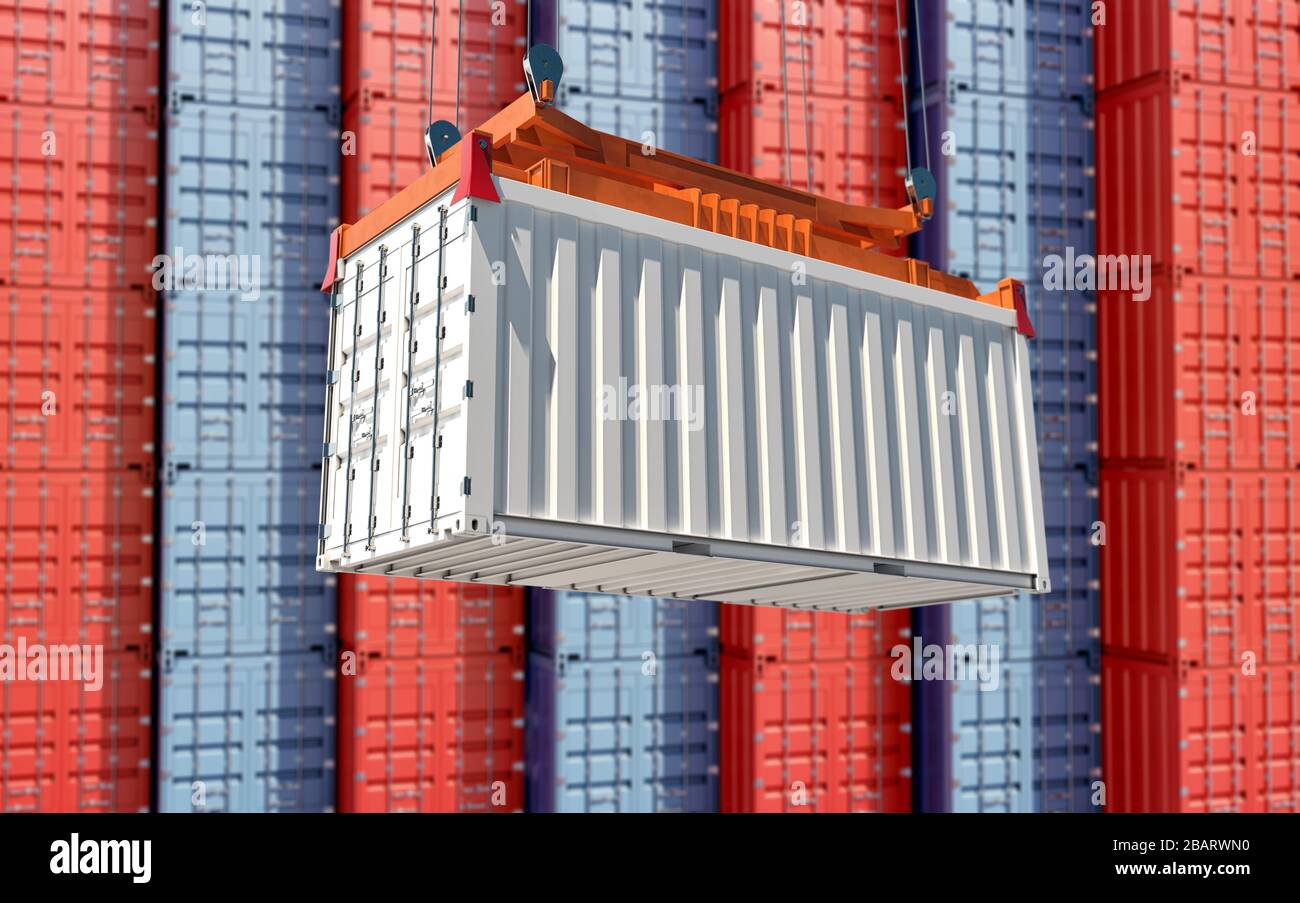 Blank white freight container hanging on a crane. 3D Rendering Stock ...