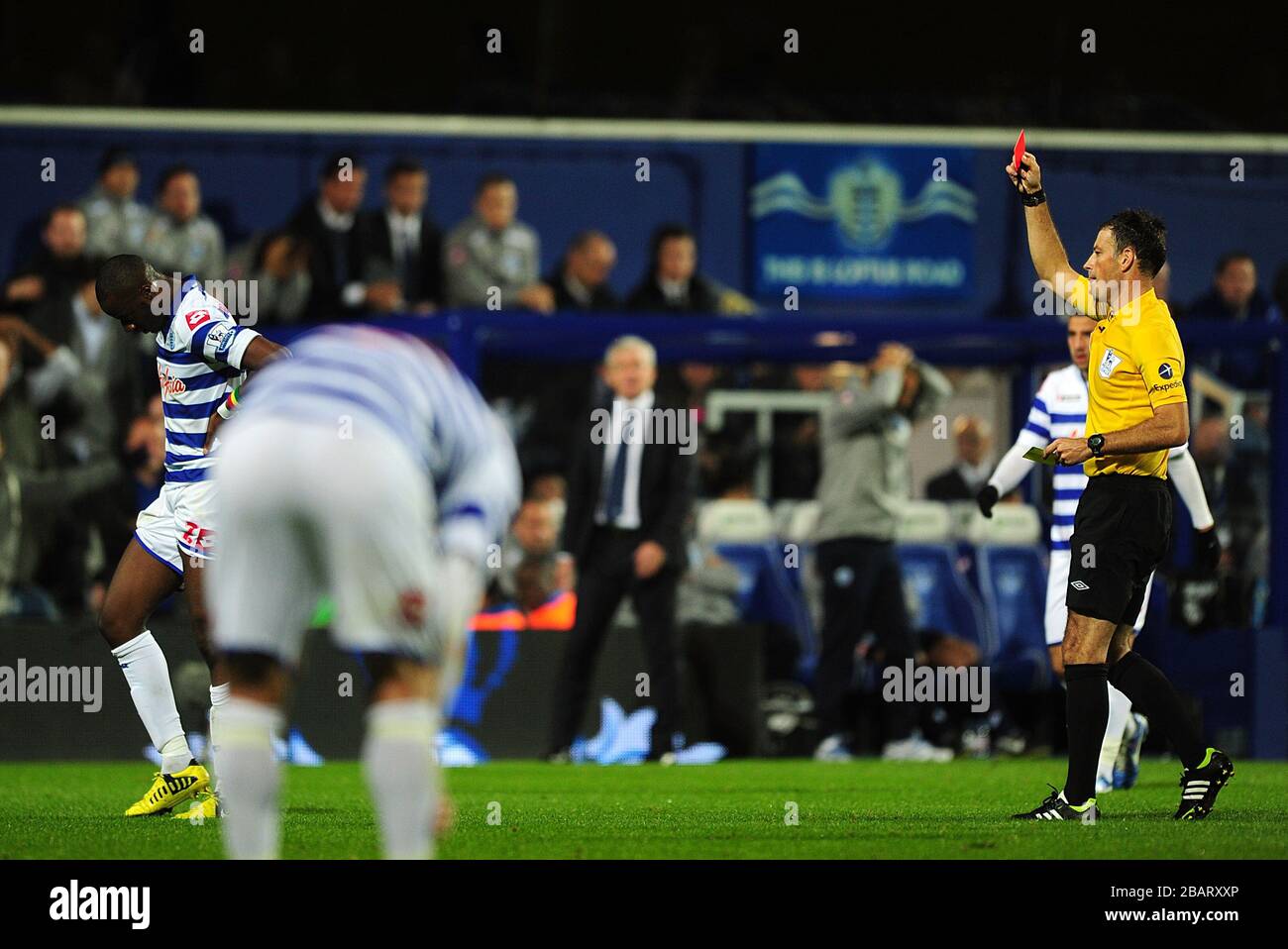 Queens Park Rangers' Samba Diakite (left) is sent-off by match referee ...