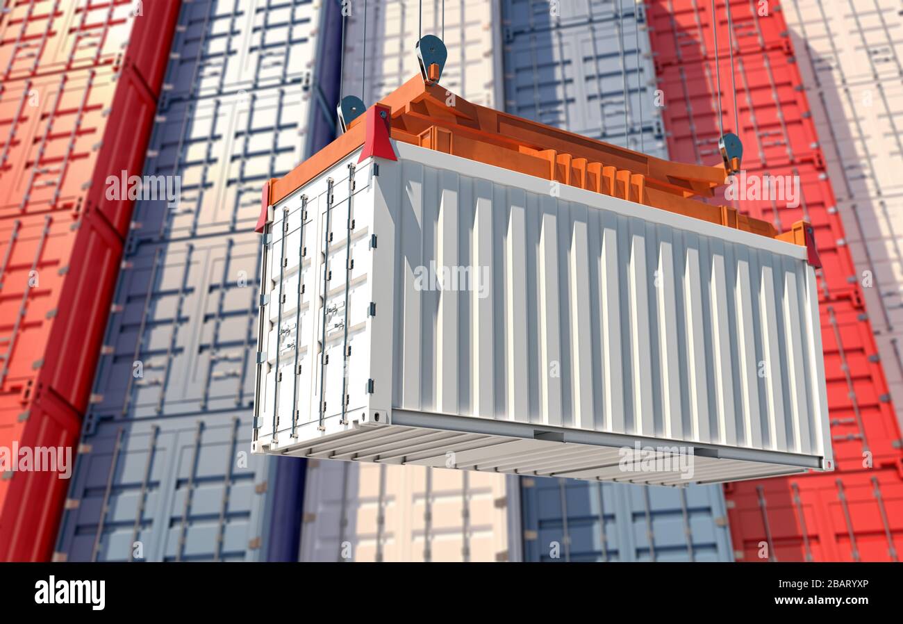 Blank white freight container hanging on a crane. 3D Rendering Stock ...