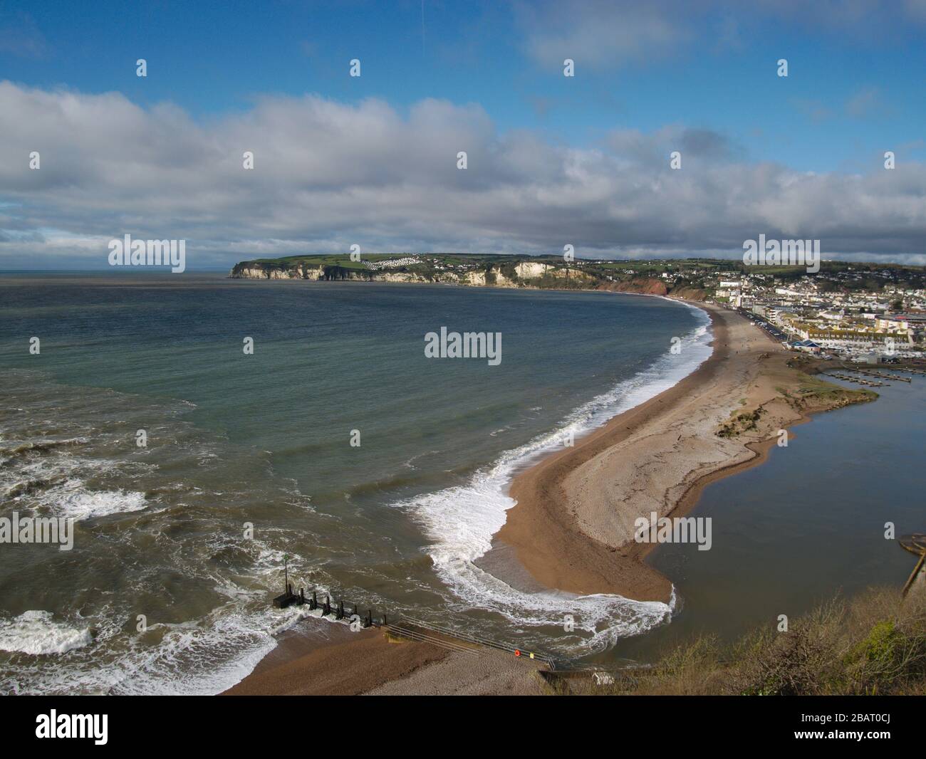 River Axe estuary entrance behind shingle spit East Devon coastline ...