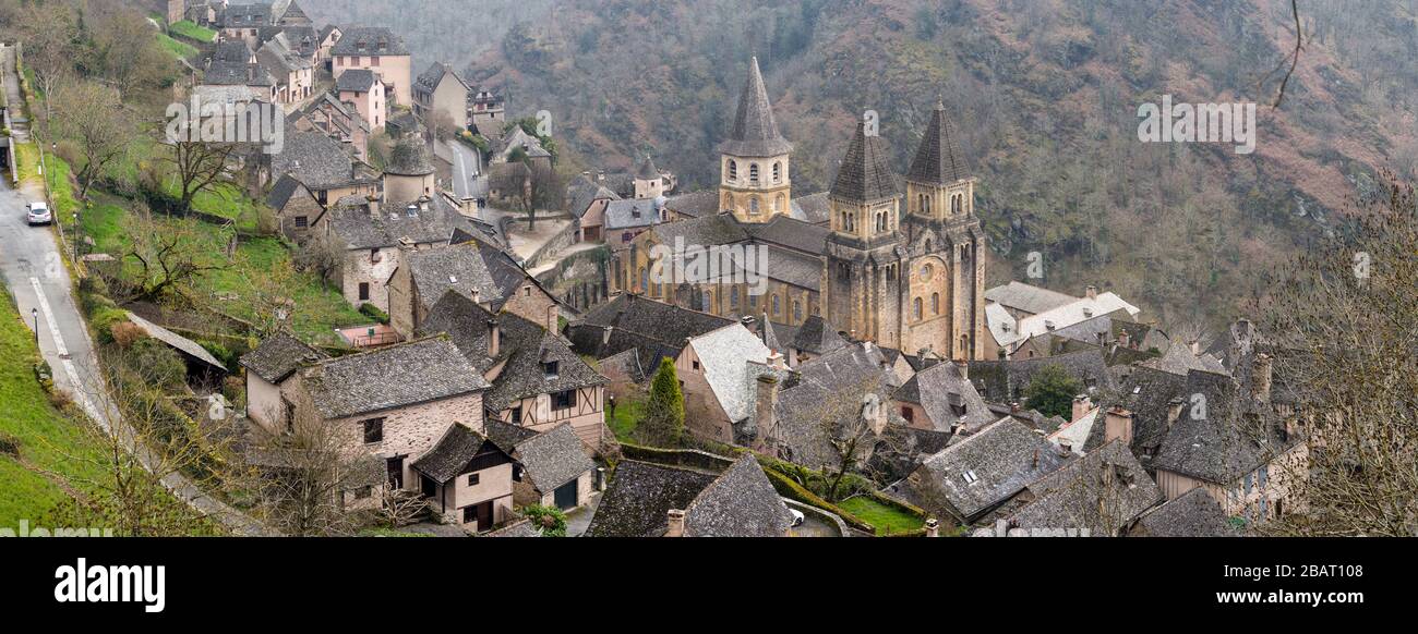 The Village of Conques Panorama: A detailed wide view of the stone hewn ...