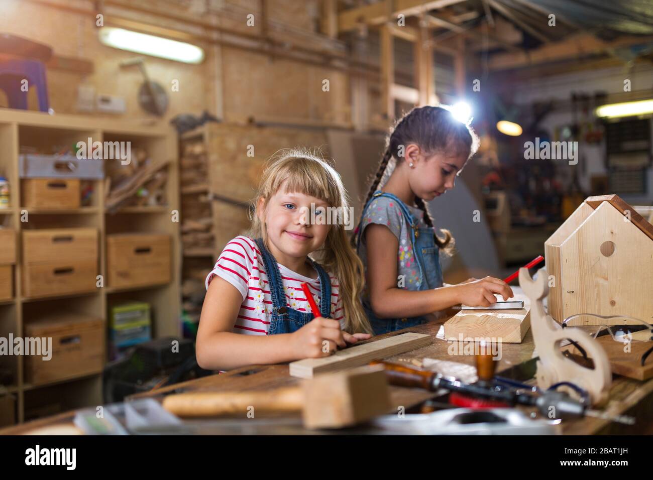 Two young girls doing woodwork in a workshop Stock Photo - Alamy