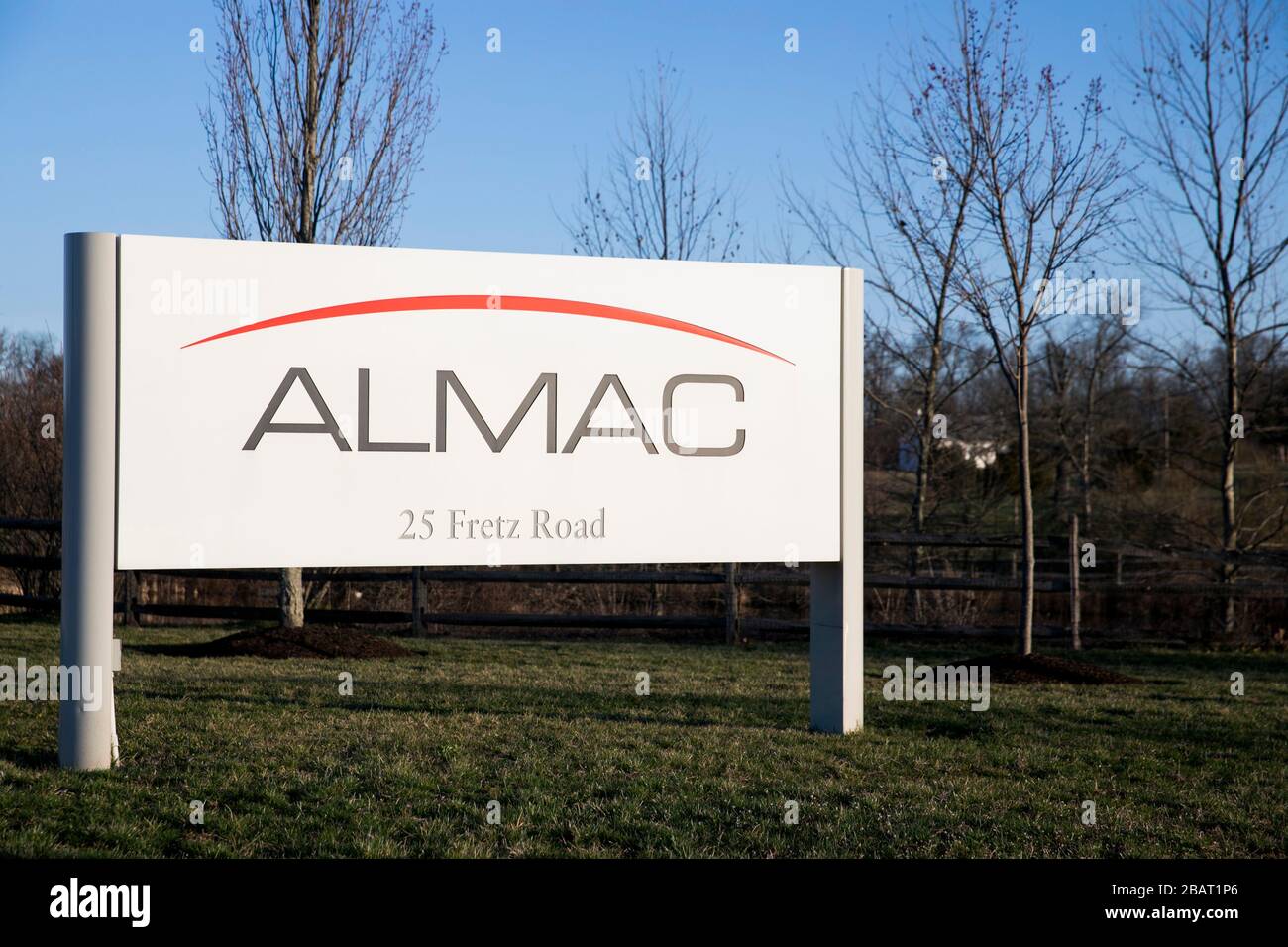 A logo sign outside of a facility occupied by Almac in Souderton ...