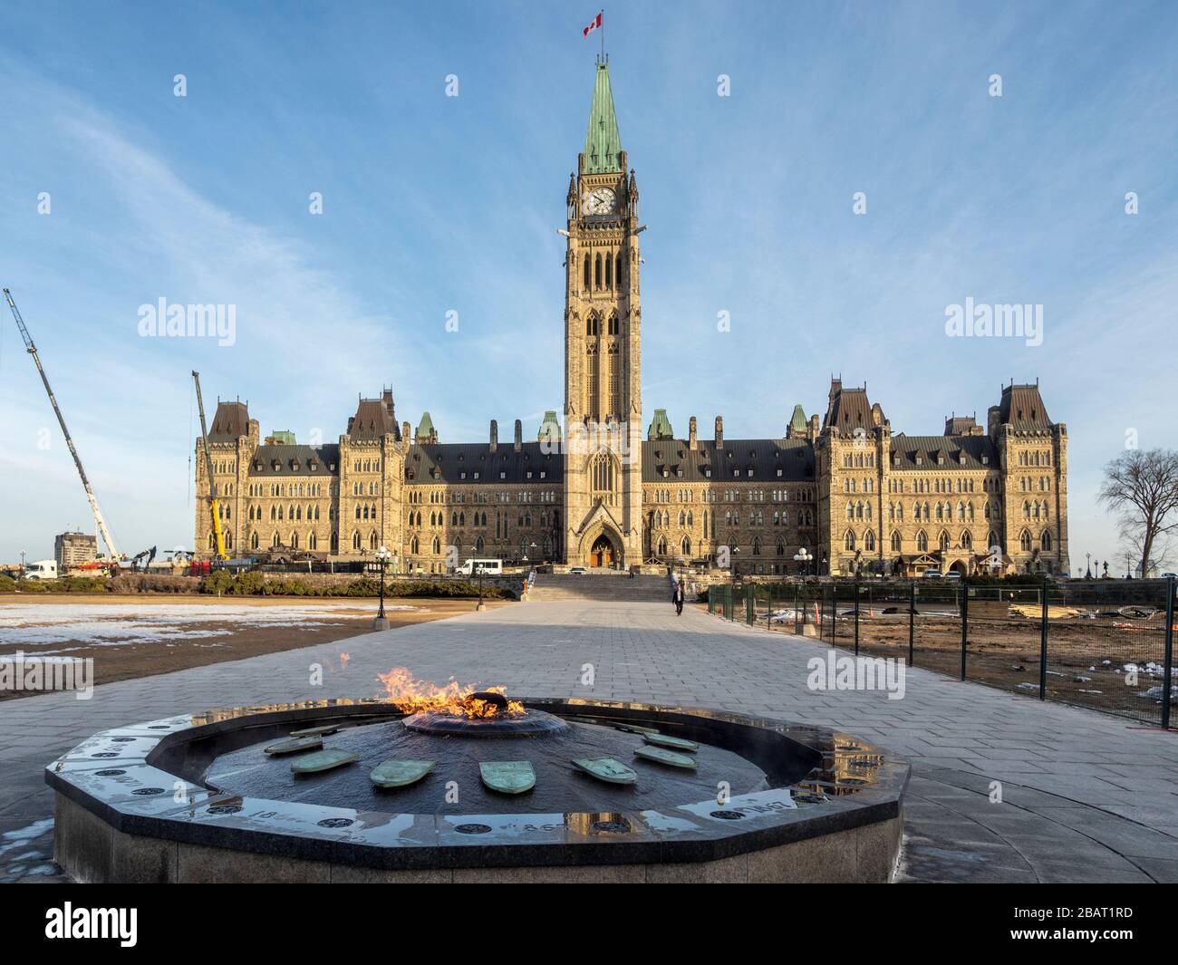 Centre Block of Canadian Parliament Buildings: In the early morning sun ...