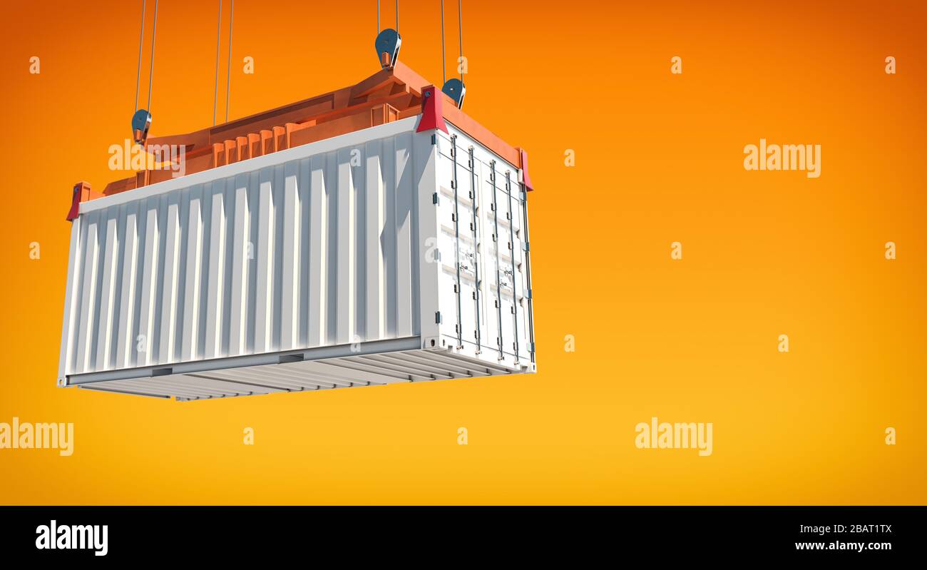 Blank white freight container hanging on a crane. 3D Rendering Stock ...