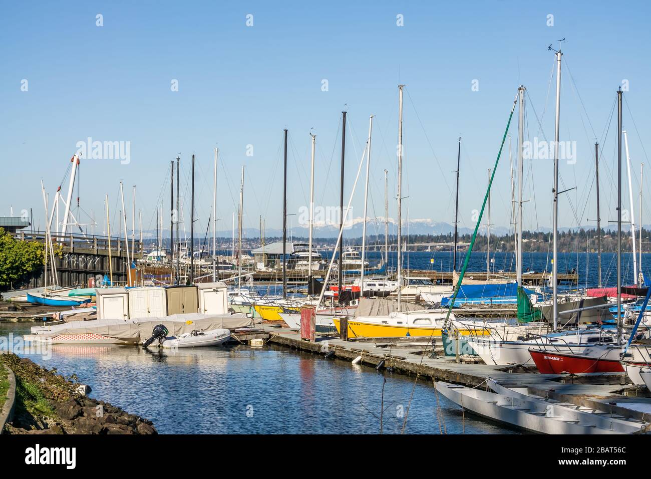 A veiw of the Leschi marina boats in Seattle, Washington Stock Photo ...