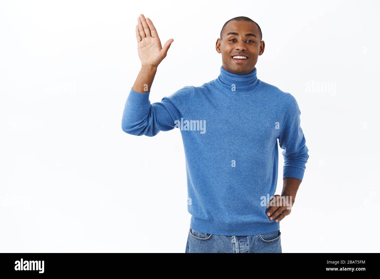 Portrait of cheerful handsome african american boyfriend meeting ...