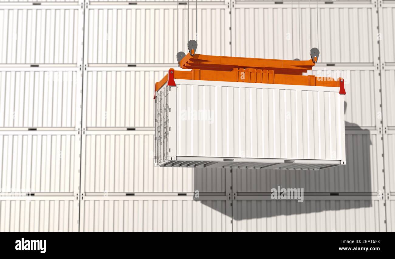Blank white freight container hanging on a crane. 3D Rendering Stock ...