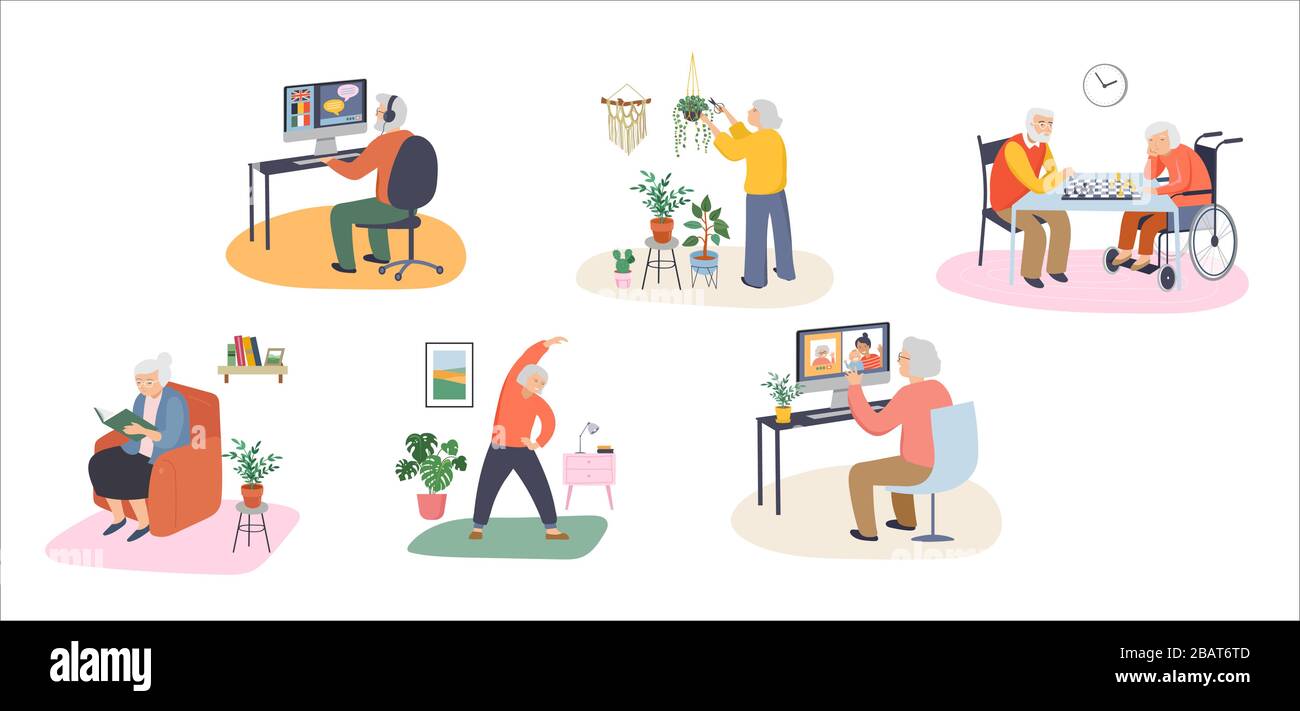 Elderly, old people, senior people at home, playing chess, chatting on ...