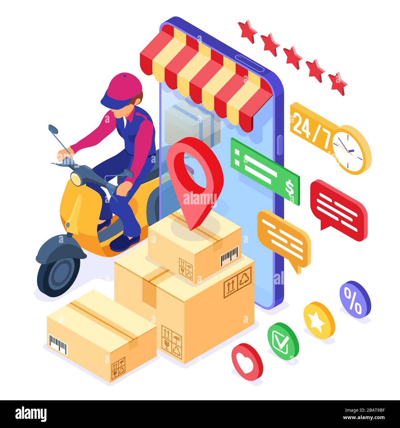 Courier shipping package moped Cut Out Stock Images & Pictures - Alamy