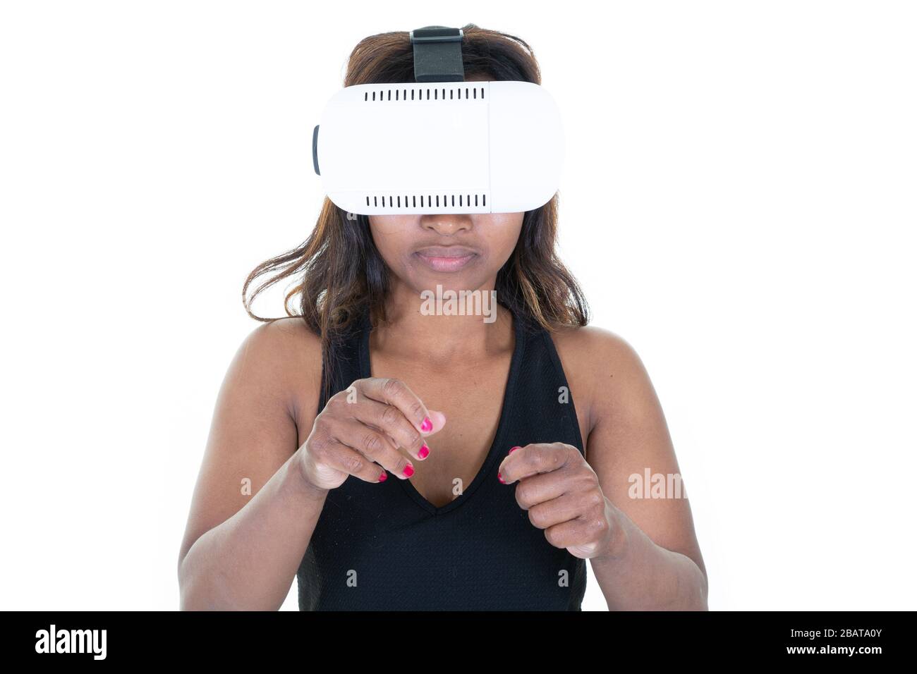 African american using VR headset on white background Stock Photo - Alamy