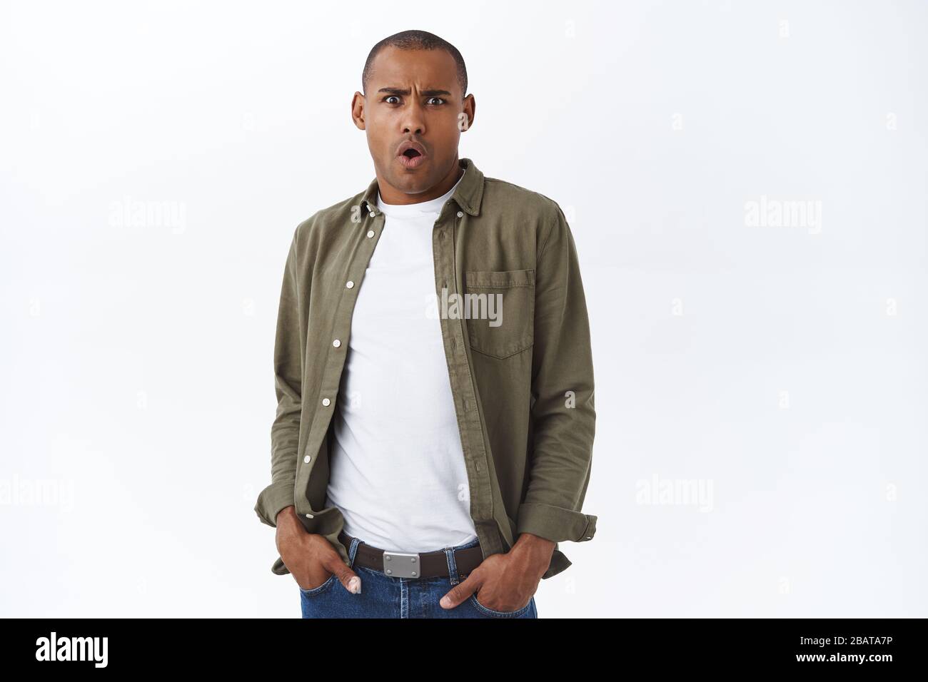 Portrait of shocked, frustrated and astonished african american man ...
