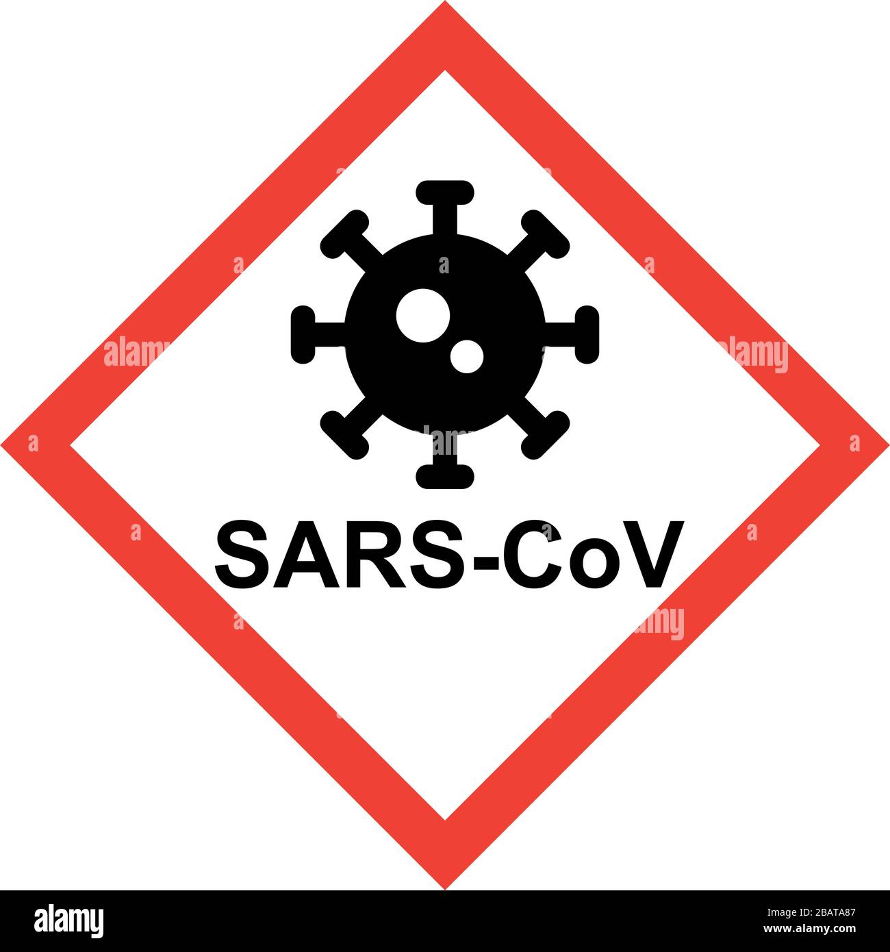 Red hazard sign with virus symbol and SARS-CoV text Stock Photo - Alamy