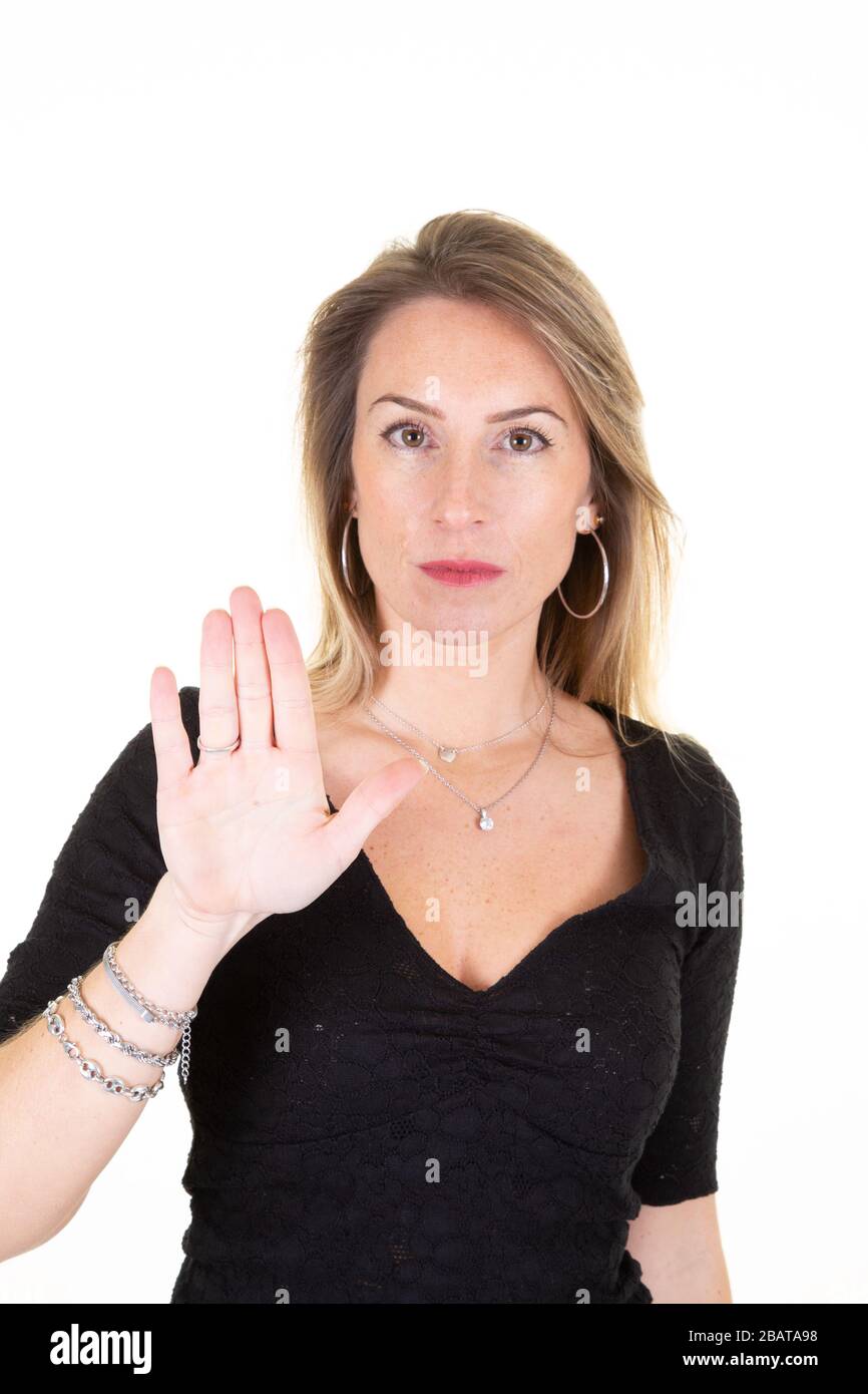 Woman showing stop sign hand with palm Stock Photo - Alamy