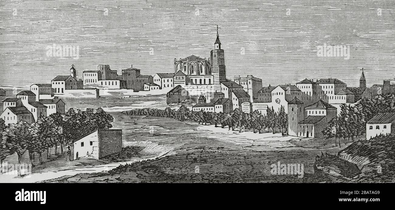 Spain, Aragon, Huesca. Panoramic view. Engraving, 19th century. Cronica ...