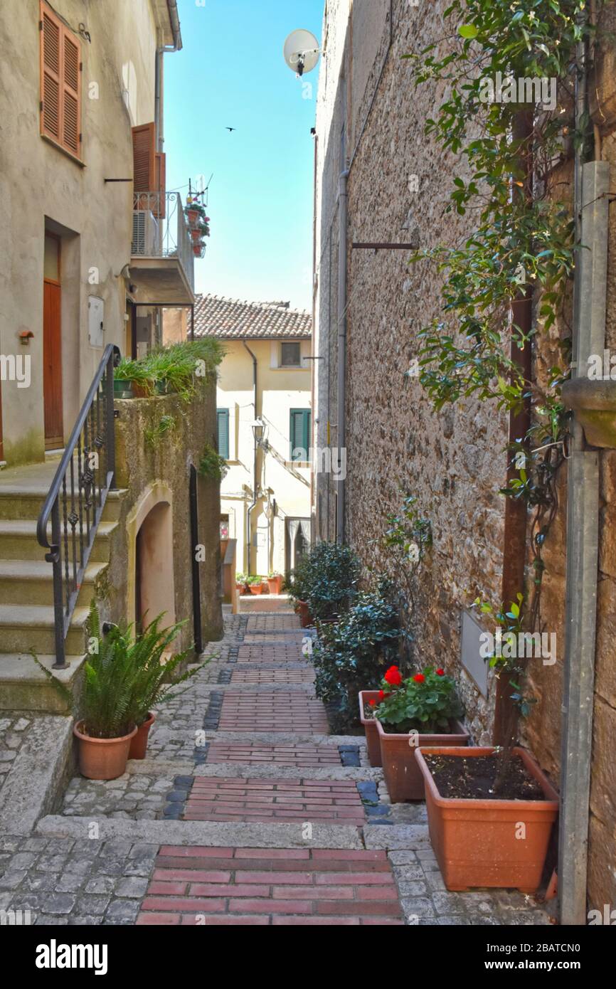 A narrow street between the stone houses of Prossedi, a medieval ...