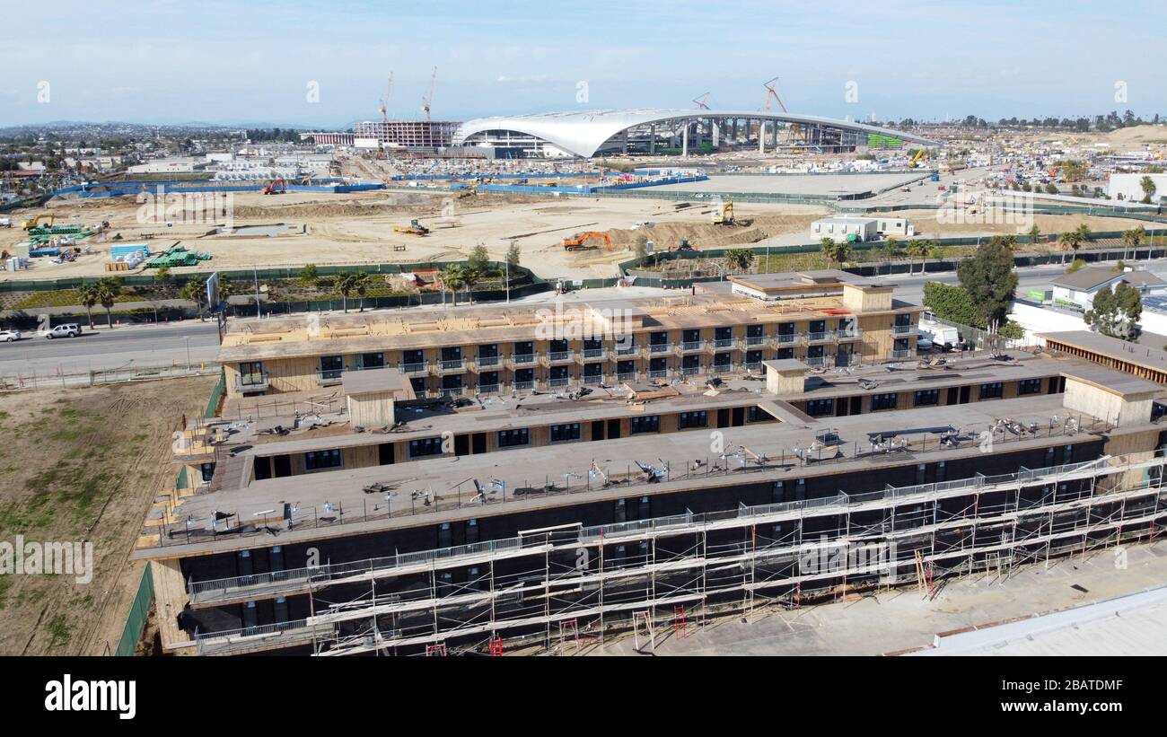 General overall aerial view of the construction site of SoFi Stadium ...