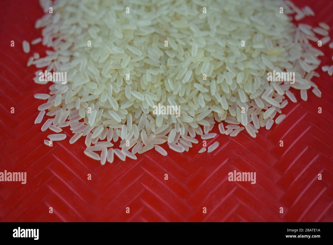 Rice grains held in a designed red carpet where the rice grains are ...