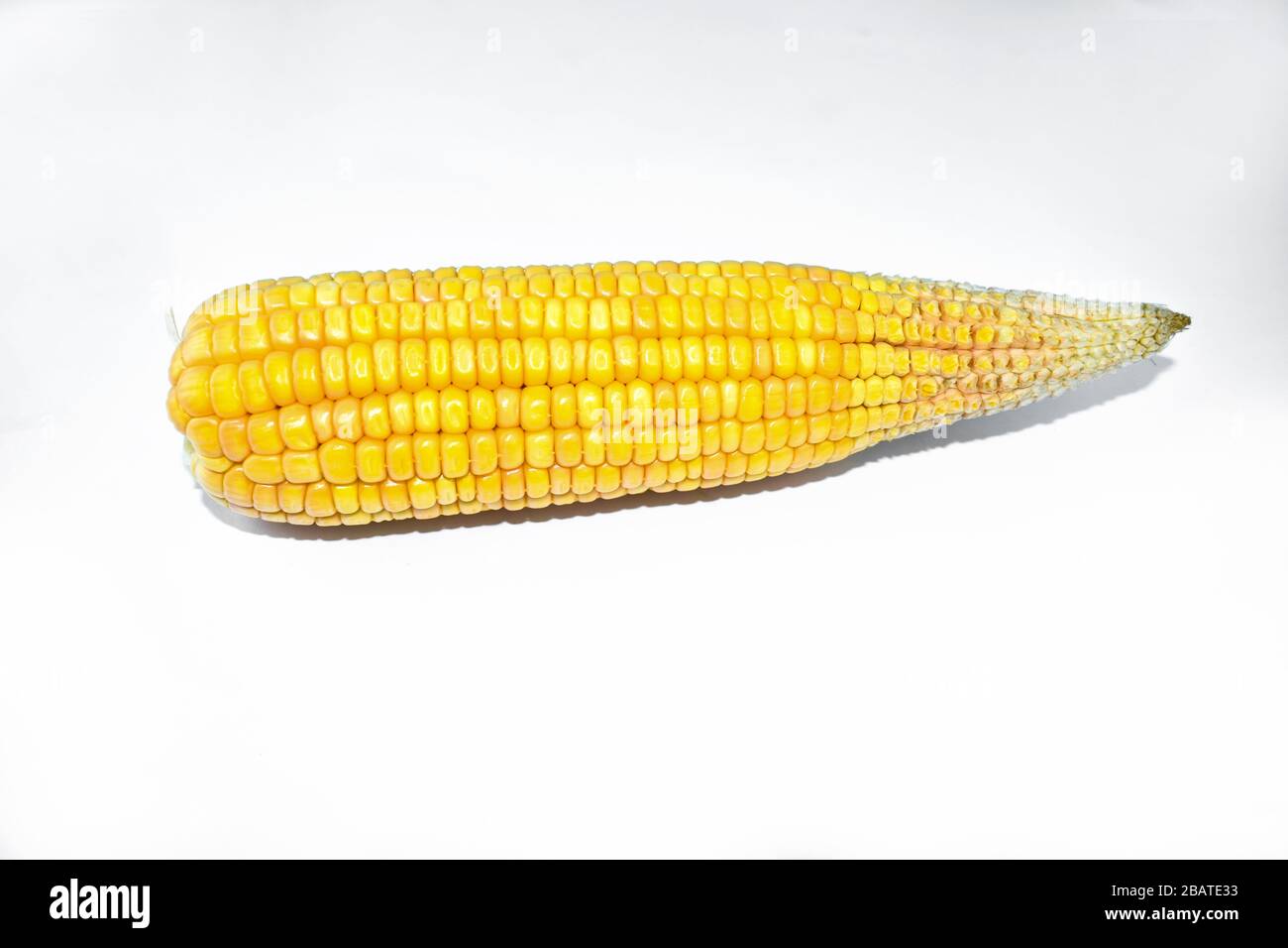 Top view of a fresh yellow sweet ear of corn without leaves on an empty ...