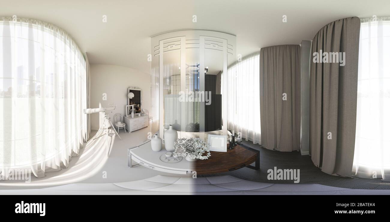 3d illustration spherical 360 degrees, seamless panorama of bedroom ...