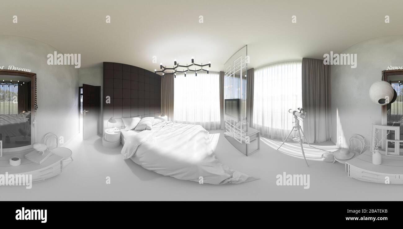 3d illustration spherical 360 degrees, seamless panorama of bedroom ...