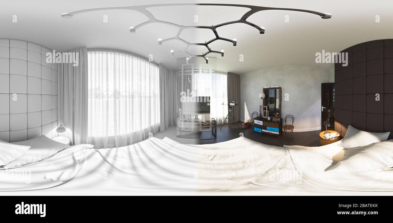 3d illustration spherical 360 degrees, seamless panorama of bedroom ...