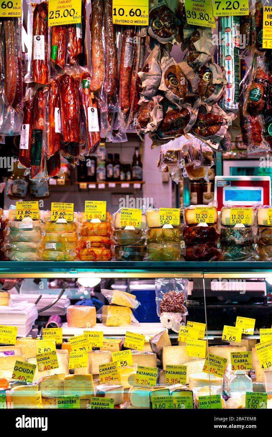 Deli, cheesemongers and charcuterie stall at Triana Market (Mercado de ...