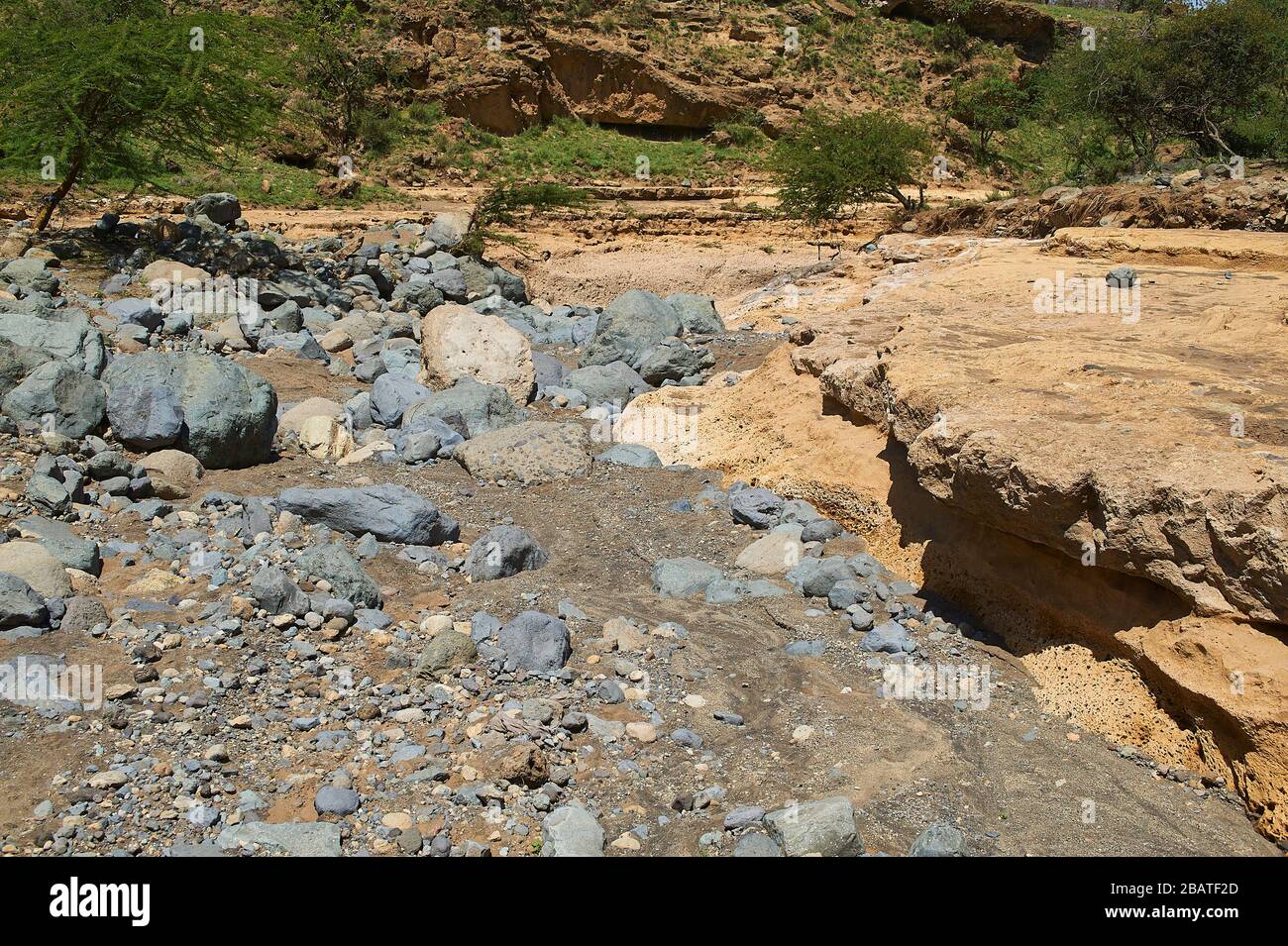 Washed out, dry riverbed of volcanic origin at Mt Meru, Tanzania Stock ...