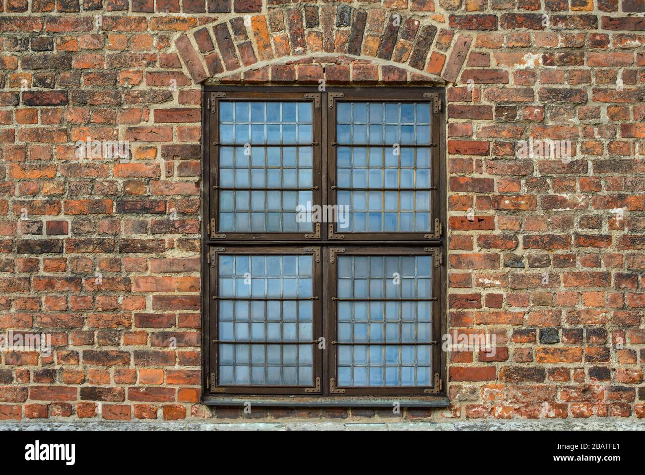 Antique Old wooden window with metal fittings and hinges in old red ...