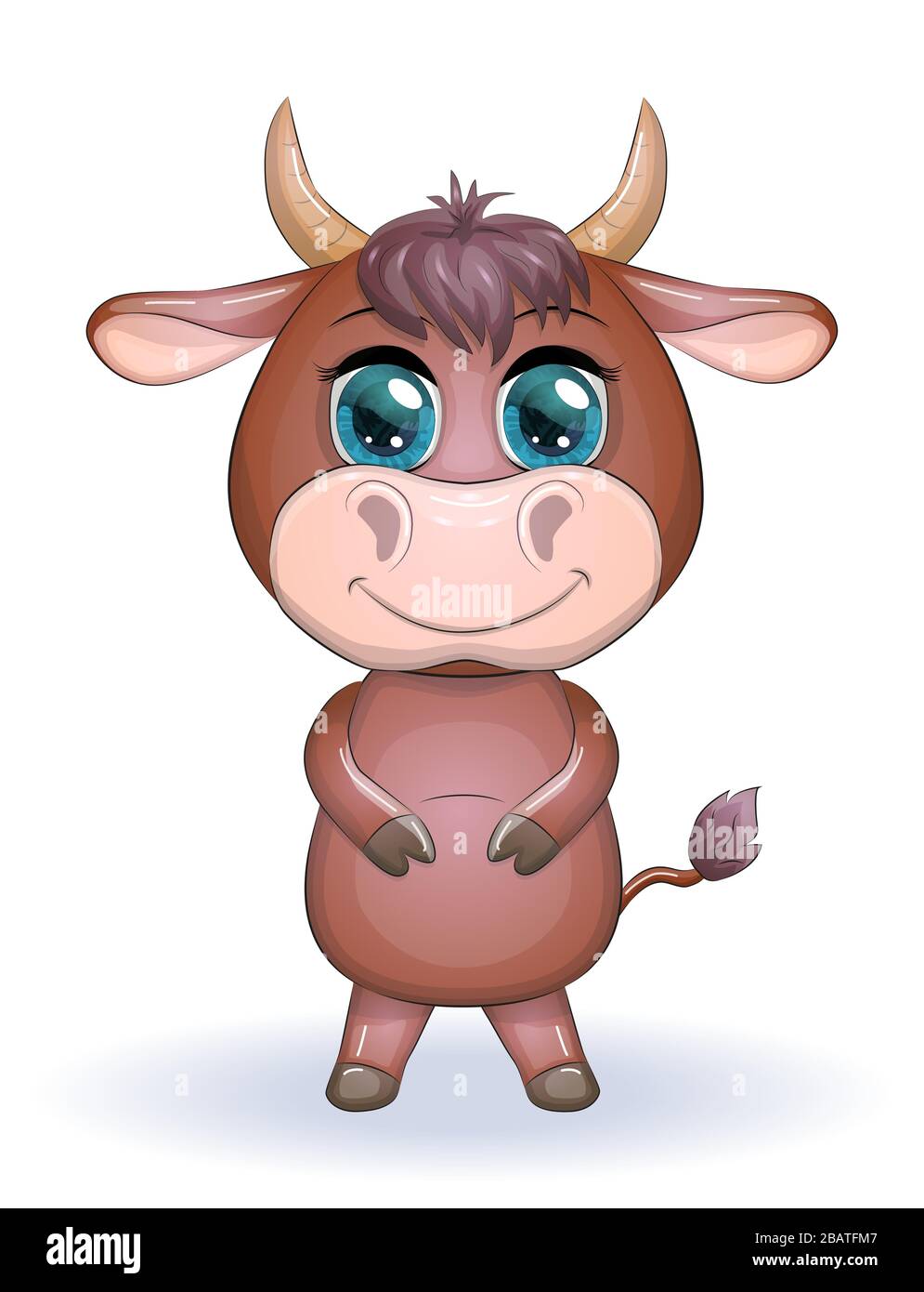 A cute cartoon bull standing with a smile with beautiful blue eyes ...