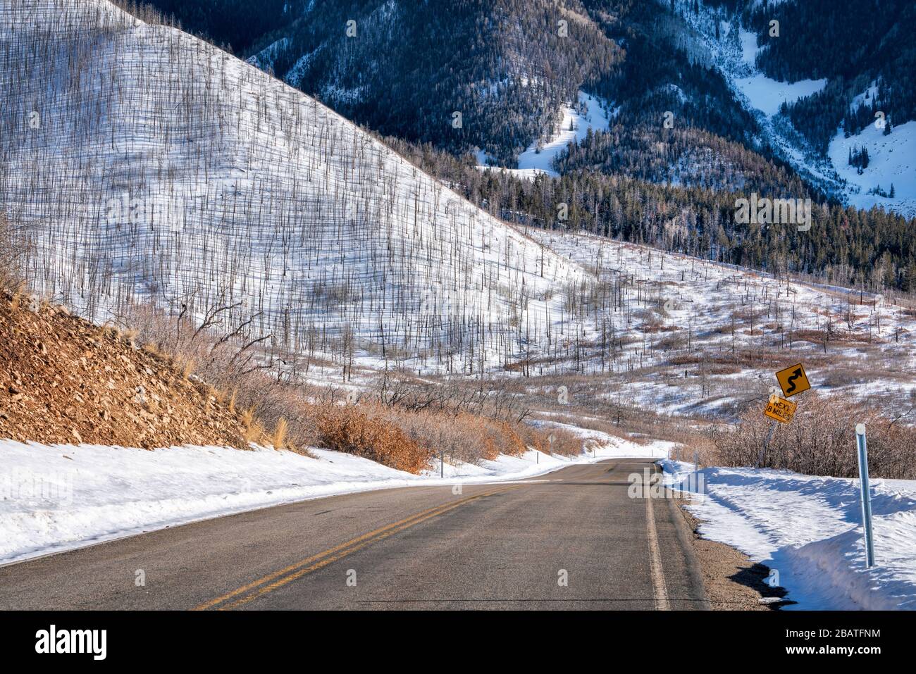 scenic windy mountain road in winter scenery - La Sal Mountain Loop ...