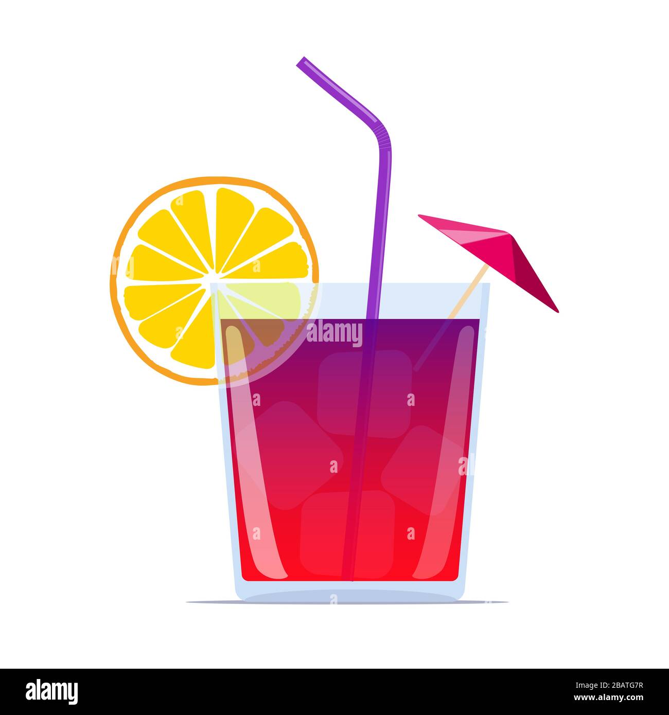 Exotic cocktail with straw, lemon wedge and umbrella. Summer beach bar ...