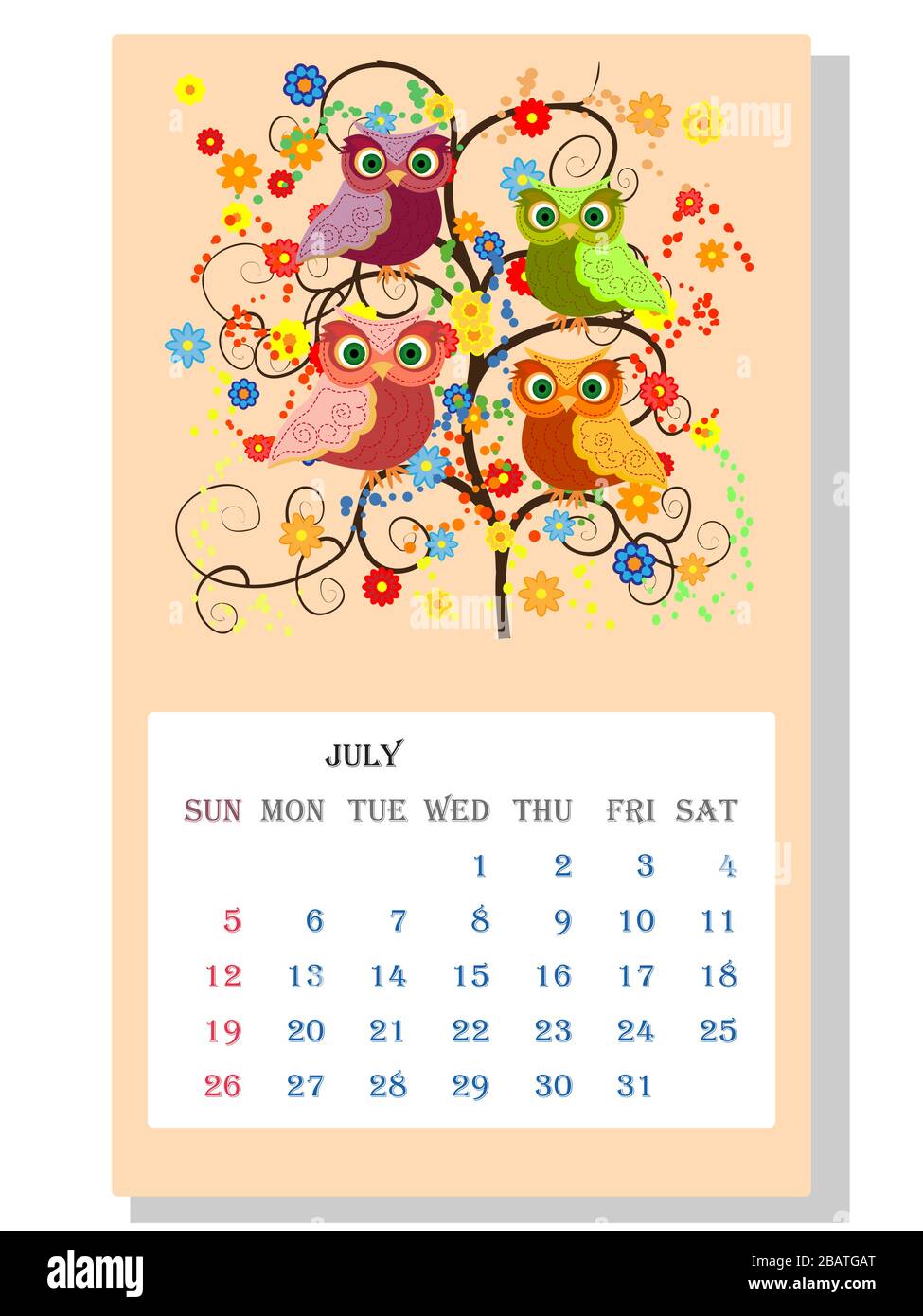 Calendar 2021. Cute owls and birds for every month Stock Vector Image ...
