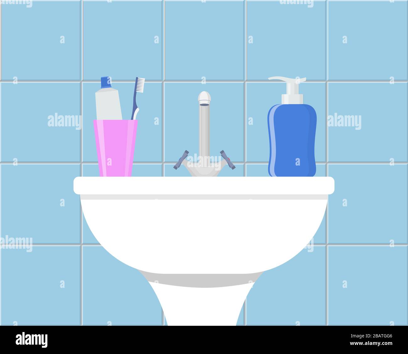 Bathroom sink with cosmetic liquid soap, toothpaste and toothbrush ...