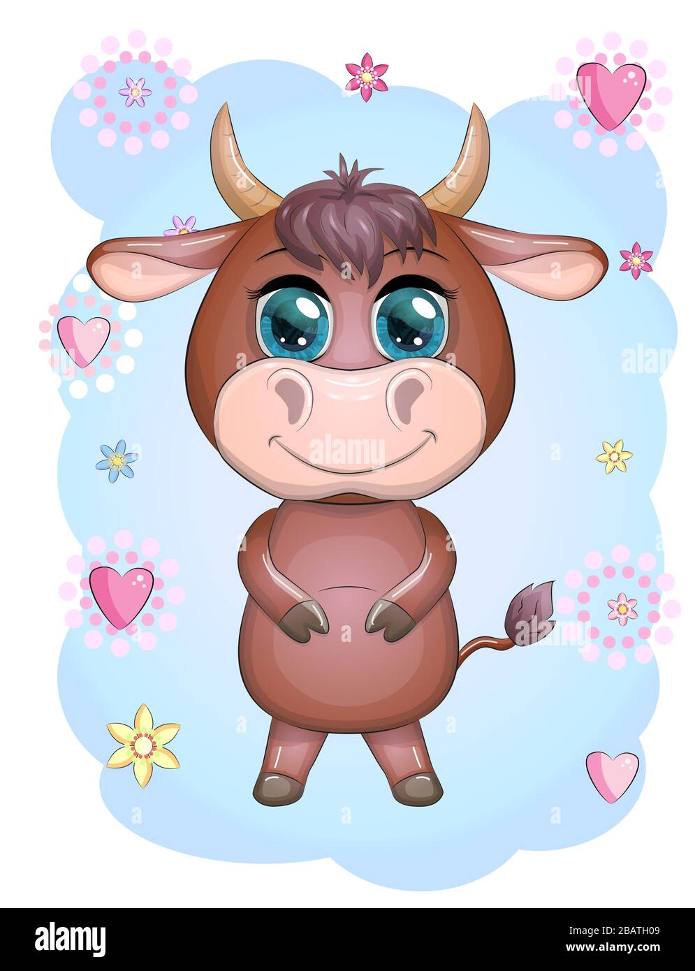 A cute cartoon bull standing with a smile with beautiful blue eyes ...
